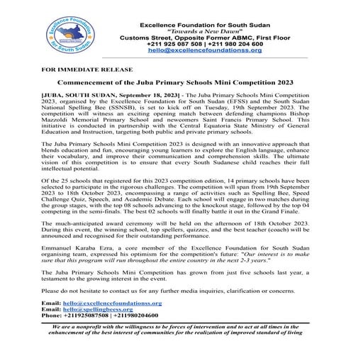 Press Statement: Juba Primary Schools Mini Competition 2023 | PDF