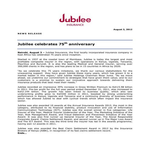 Jubilee insurance celebrates 75 years | PDF