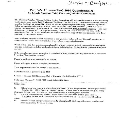 James Hill 2014 PA-PAC Questionnaire | PDF