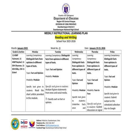 Weekly Learning Plan for the subject R&W | DOCX
