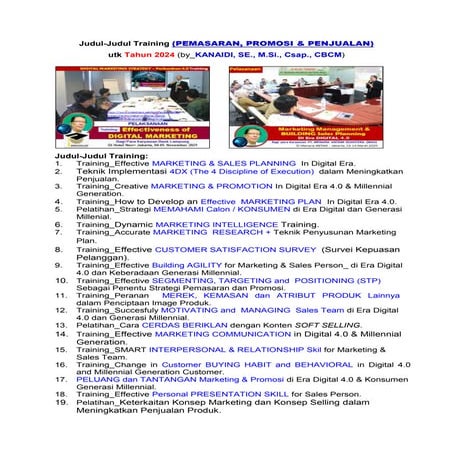 Judul-Judul Training (Bidang "PEMASARAN, PROMOSI & PENJUALAN") utk Tahun 2024 (by: KANAIDI, SE ...