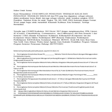 Judul dan contoh ptk paud ra dan tk | DOCX