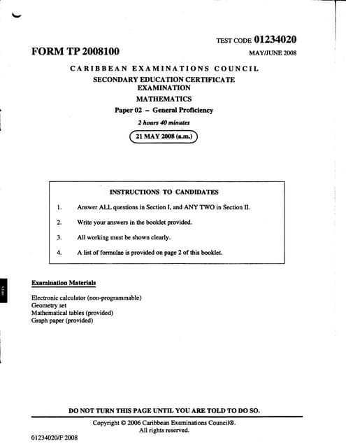 CSEC Mathematics January 2012 Past Paper | PDF