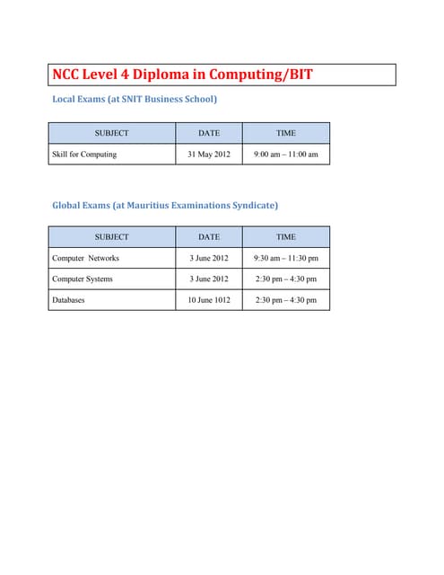 NCC Education L4 BIT/DC and L5BIT/DC Exam Dates June 2014 | PDF ...
