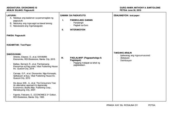 Values Integration Demo lesson Plan In filipino VI | DOCX