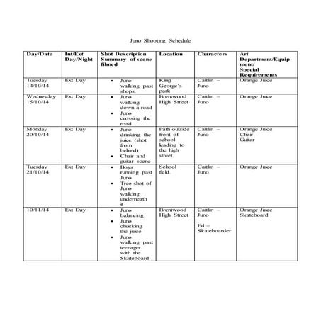 Juno shooting schedule | DOCX