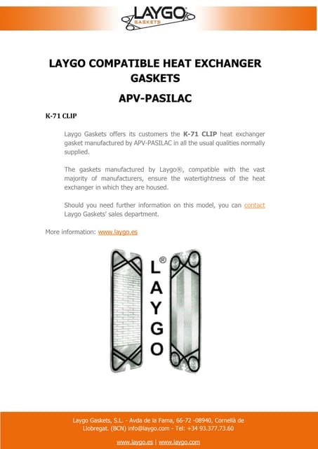 LAYGO COMPATIBLE HEAT EXCHANGER GASKETS SWEP | PDF