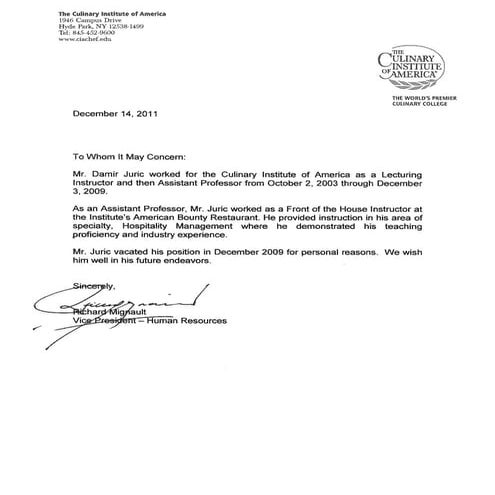 Reference Letter – Damir Juric CHE, Assistant Professor in Hospitality ...