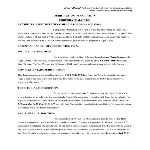 Jurisdiction of high court in corporate matters | DOCX