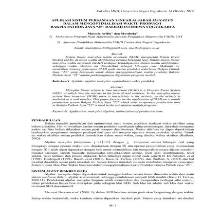 Jurnal aplikasi sistem persamaan linear aljabar max-plus dalam ...