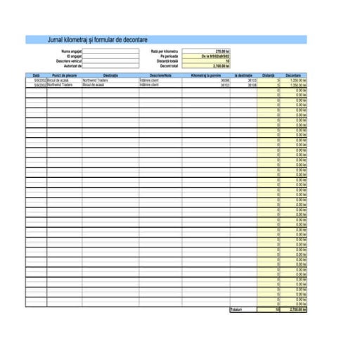 Jurnal kilometraj cu formular de decontare1 | XLSX