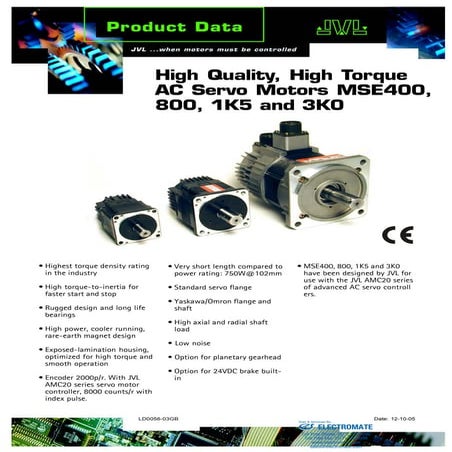 JVL High Quality, High Torque AC Servo Motors MSE400, 800, 1K5 and 3K0 ...
