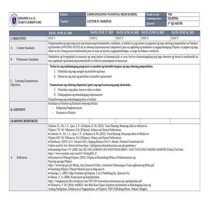 LESSON EXEMPLAR FILIPINO 7 - WEEK 1 - MATATAG CURRICULUM | PDF