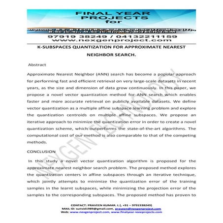 K Subspaces Quantization For Approximate Nearest Neighbor Search Pdf Search Internet