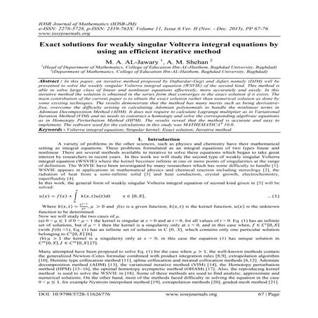 Exact solutions for weakly singular Volterra integral equations by using an efficient iterative ...