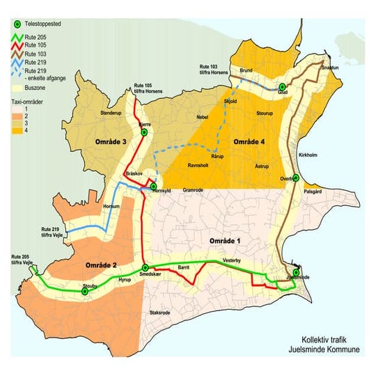 Kort over Kollektiv trafik i Juelsminde Kommune 2004/05 | Vejle Amts ...