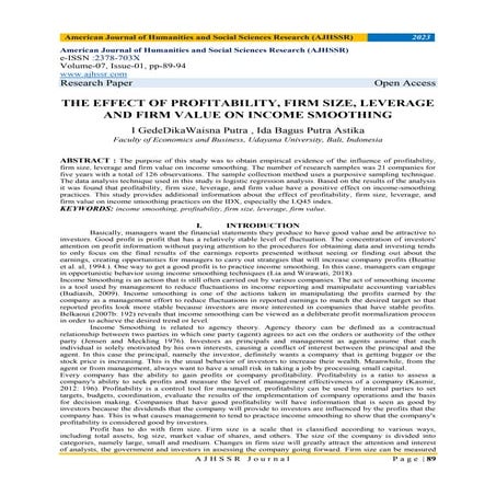 THE EFFECT OF PROFITABILITY, FIRM SIZE, LEVERAGE AND FIRM VALUE ON INCOME SMOOTHING | PDF