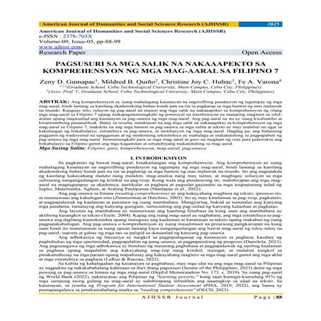 PAGSUSURI SA MGA SALIK NA NAKAAAPEKTO SA KOMPREHENSYON NG MGA MAG-AARAL SA FILIPINO 7 | PDF