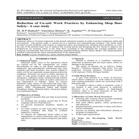 Reduction of Un-safe Work Practices by Enhancing Shop floor Safety– A ...
