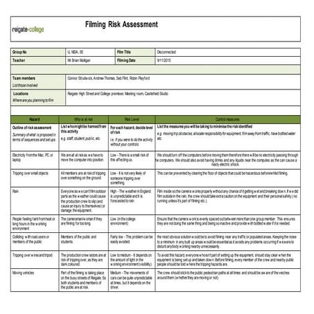 Risk Assessment – Photography Studio