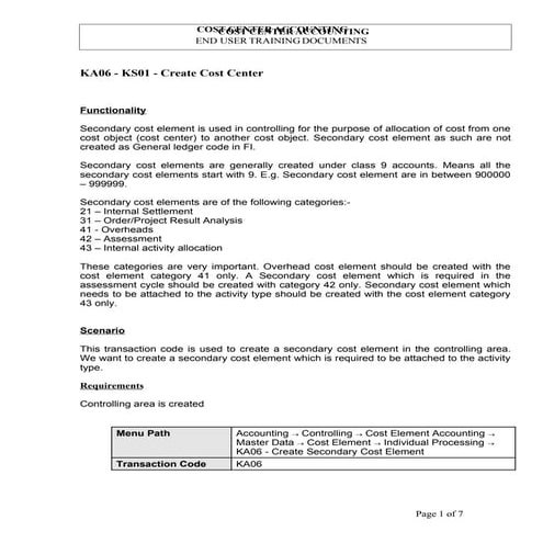 Ka06 Create Secondary Cost Element | DOC