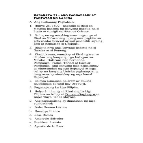 Kabanata 21 Ang pangalawang Pag uwi at pagtatatag ng la Liga Filipina ...