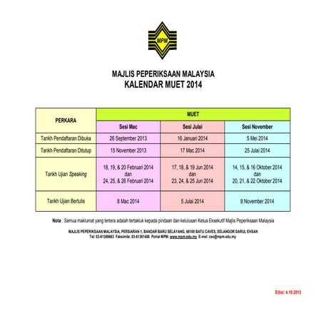 Kalendar muet 2014 (ed. 4.10.2013) bm | PPT