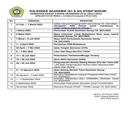 Kalender Akademik Semester Genap 2021 2022 Pdf