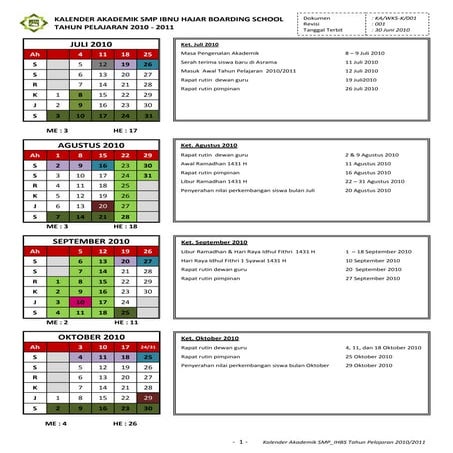 Kalender akademik smp ihbs tp. 2010 2011 | PDF