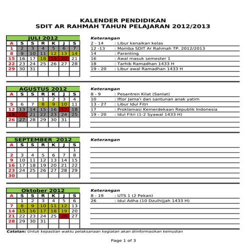 Kalender pendidikan sdit ar rahmah 2012 2013 | PDF