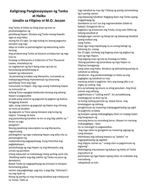 FILIPINO 9 Estilo ng pagkakasulat ng tanka at haiku | PPTX