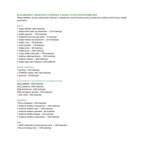 Kalorijska vrednost namirnica koje često konzumiramo | DOCX