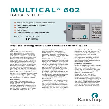 Kamstrup RHI Compliant Heat Meters & Thermal Energy Measurement - Multical 602 Heat & Cooling ...