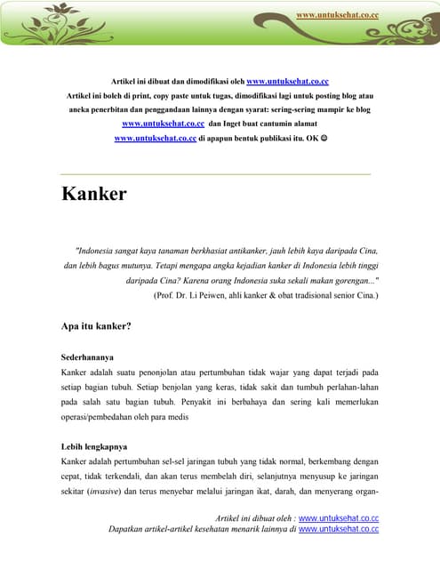 Makalah PDF Kejadian Kanker di Indonesia menurut RISKESDAS 2018 | PDF