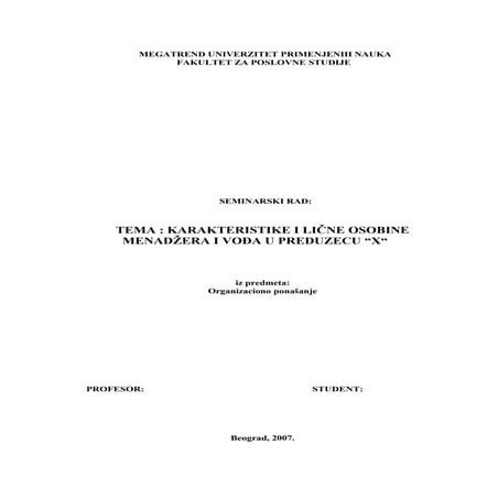 Karakteristike i licne osobine menadzera i vodja u preduzecu 'x' | DOC