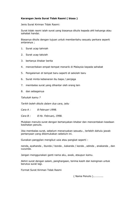 Karangan Jenis Surat Kiriman Tidak Rasmi Pdf