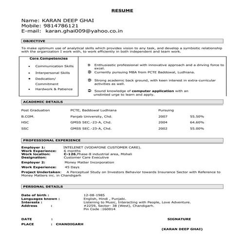 Karan Resume | DOC | Business Administration | Business