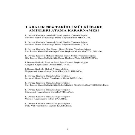MÜLKİ İDARE AMİRLERİ ATAMA KARARNAMESİ - 1 ARALIK 2016 | PDF