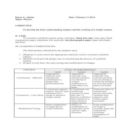 pinhole camera product oriented assessment - rubric | DOCX