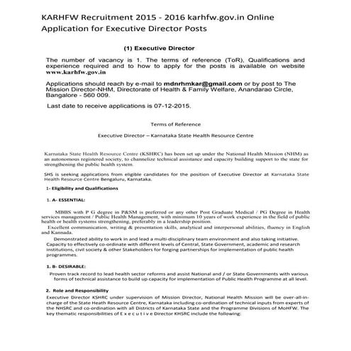 KARHFW Recruitment 2015 - 2016 Karhfw.gov.in Online Application for ...