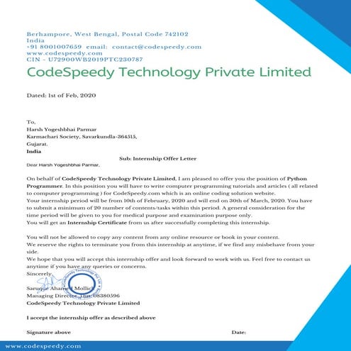 OfferLetter for Internship at CodeSpeedy Technology Private Limited | PDF | Technology & Computing