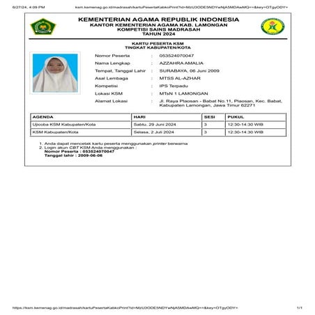 Kartu Peserta KSM Azza.pdf sfssrtrjuyjtgdf | PDF