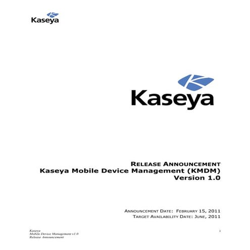 Kaseya Mobile Device Management 1 0 Release Announcement | PDF