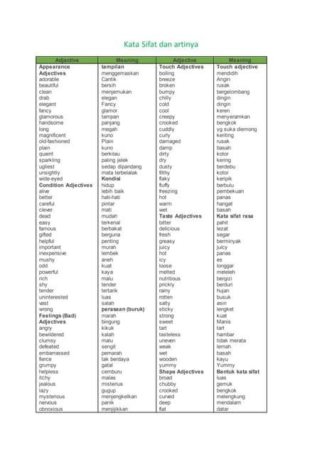 Kata benda dan kata kerja dalam bahasa inggris dan kata sifat | PDF