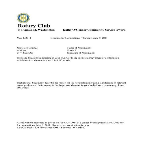 Kathy O'Connor Community Service Award Nomination Form | PDF