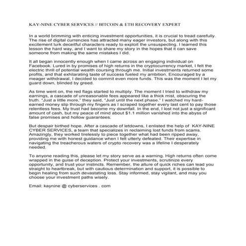 BEST CRYPTOCURRENCY RECOVERY EXPERT. CONTACT KAY NINE CYBER SERVICES | PDF