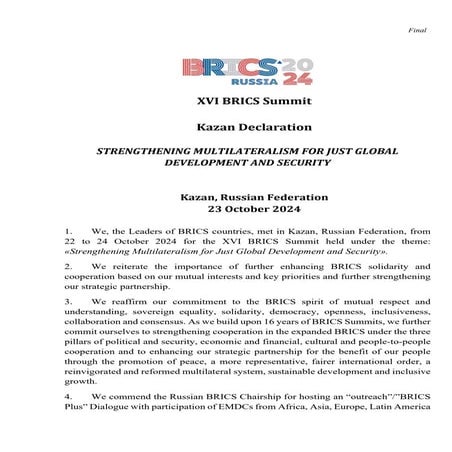 BRICS 16th Summit: Kazan Leaders Declaration_FINAL | PDF