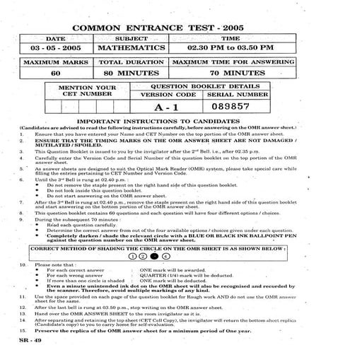 KCET Maths - 2005 Question Paper | PDF