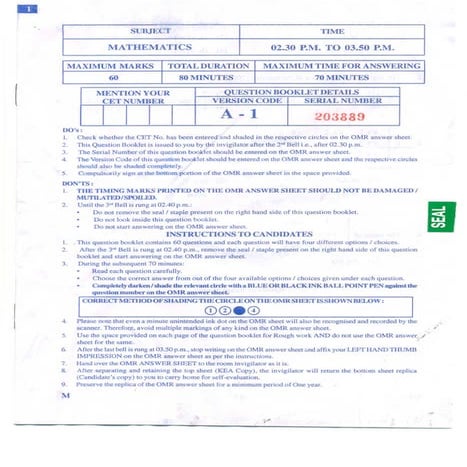 KCET Maths - 2009 Question Paper | PDF