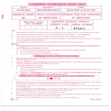 KCET Maths - 2011 Question Paper | PDF